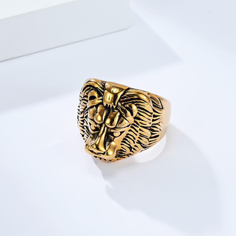 Kemstone Stainless Steel Lion Head Ring for Men Vintage Textured